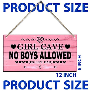 Pink Little Girl Cave Hanging Wooden Sign No Boys Allowed (Еxcept Dad) Quote Plaque Hanging Wall Art Decor for Nursery Kids Toddler Girls Bedroom Playroom Living Room Decorations 12''X 6'' (J690)