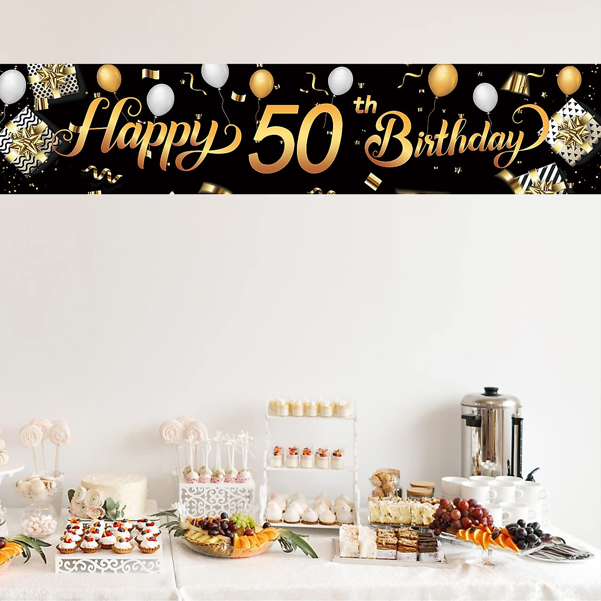 Mocossmy Happy 50th Birthday Banner,6x1.3 Ft Large Black Gold Glitter Happy Birthday Sign Photography Background Backdrop for Women Men Gifts Indoor Outdoor Birthday Anniversary Party Supplies Decoration
