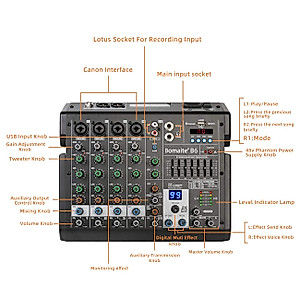 8-Channel Mixer 99 Effects 7 Band EQ Bluetooth Studio Audio Mixer for PC Recording Input, XLR Microphone Jack, 48V Power, for Professional and Beginners-Bomaite B8, Black