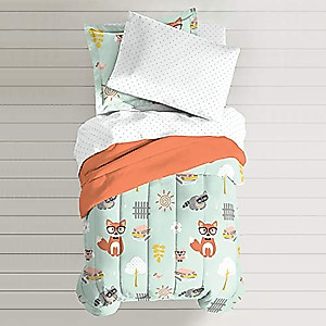 dream FACTORY Kids 5-Piece Complete Set Easy-Wash Super Soft Microfiber Comforter Bedding, Twin, Green Woodland Friends