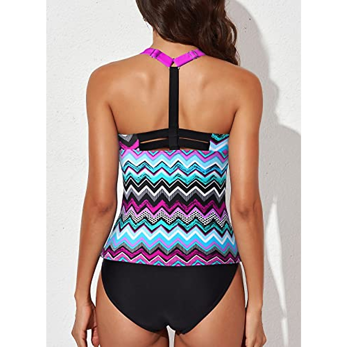 Aleumdr Womens Ladies Striped Zigzag Print Color Block Open Back Bandeau Blouson Push up Tankini Swim Bikini Top No Bottom Swimsuit Bathing Suit Swimwear Purple S 4 6