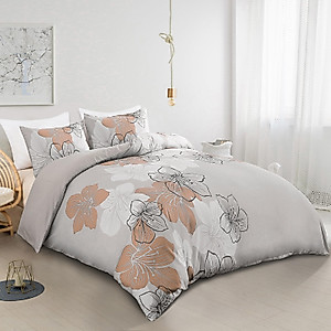 Xruibed Duvet Cover Set Queen Size Pink Blush Floral Pattern Comforter Cover Elegant Flower Duvet Cover with 2 Pillow Cases Lightweight Floral Bedding Cover Set All Season (Queen,90"x90")