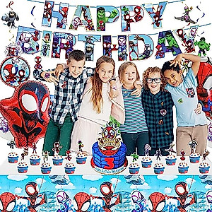 Spidey and Friends Birthday Decorations Include Banner, Backdrop, Balloons, Hanging Swirls, Cake Cupcake Toppers, Tablecloth for Spidey and His Amazing Friends Birthday Decorations