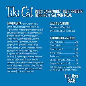 Tiki Cat Born Carnivore High Protein, Herring & Salmon Meal, Grain-Free Baked Kibble to Maximize Nutrients, Dry Cat Food, 11.1 lbs. Bag