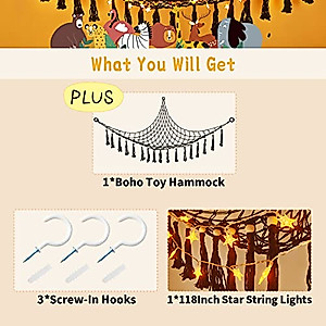 Stuffed Animal Net or Hammock, 63"x 50"x50" Stuffed Animal Toy Storage Hammock with Led String Lights, Corner Hanging Toy Net Organizer Boho Decor for Nursery Kids Room Bedroom (Black)