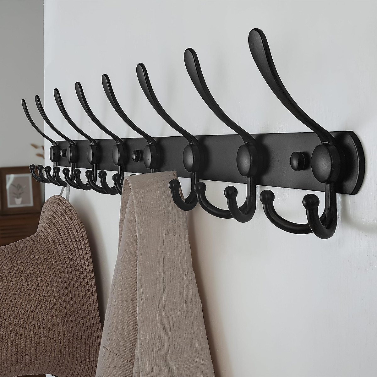 Dseap Coat Rack Wall Mount - 29.5” Long 8-Tri-Hooks Heavy Duty Coat Hanger Rail Wall Hooks for Hanging Coats Hats Clothing Clothes Purse Mudroom Entryway, Black