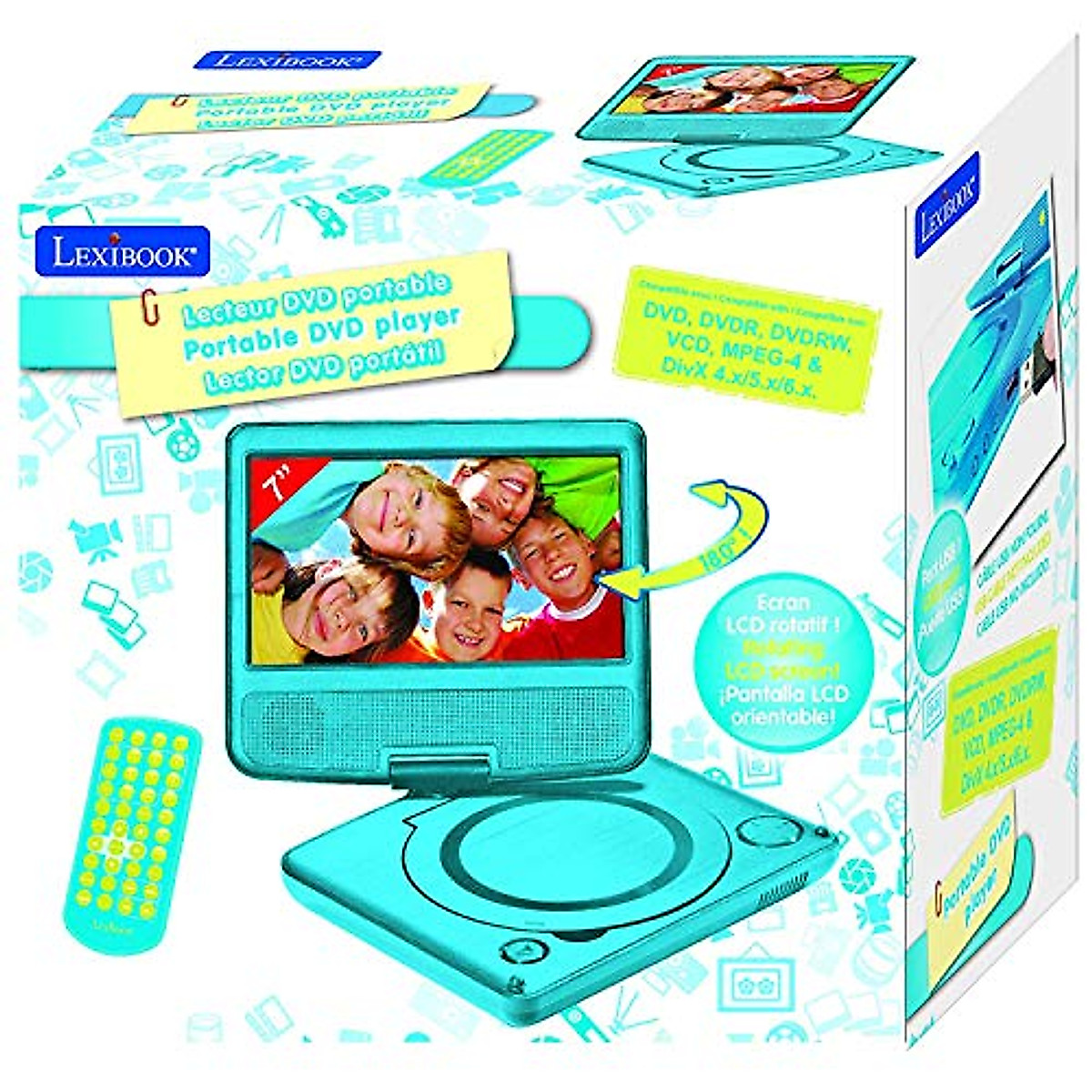 LEXiBOOK Portable DVD Player for Kids, 7" LCD Screen, 2 Built-In Stereo Speakers, USB Port, Built-In Rechargeable Battery, Blue, DVDP1