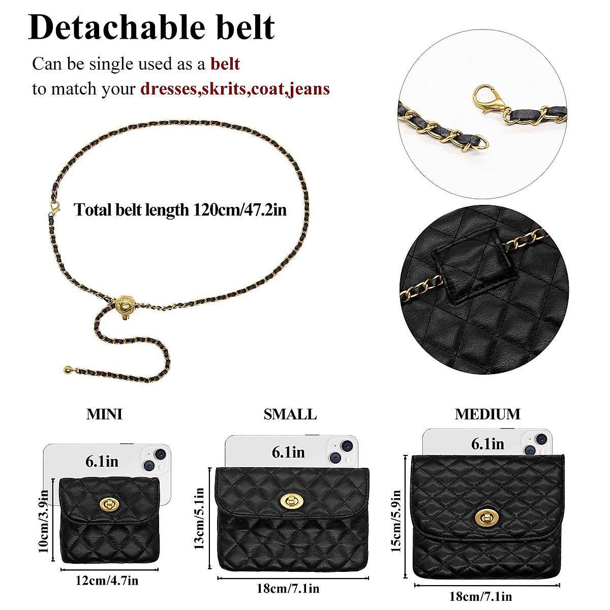YAMEIZE PU Leather Chain Belt Bag for Women - Crossbody Waist Bag Fanny Pack Detachable Belt Chain Women Evening Mini Handbag
