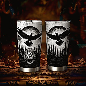 20oz Viking Raven Tumbler, Norse Mythology, Viking Gifts for Men, Vikings Celtic Coffee Thermos, Stainless Steel Double Wall Vacuum Insulated Coffee Mug, Travel Cup with Lid