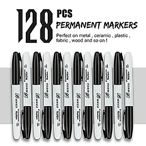 Buecs Permanent Markers, 128 Count Black Permanent Markers, Fine Point, Waterproof & Smear Proof Markers, Quick Drying, Office Supplies for School, Office, Home