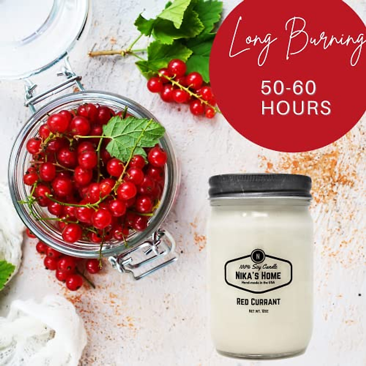 Nika's Home Red Currant Soy Candle 12oz Mason Jar Non-Toxic White Soy Handmade Long Burning 50-60 Hours Highly Scented All Natural Clean Burning Large Candle Gift Décor
