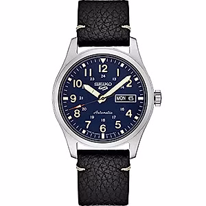 SEIKO SRPG39 Watch for Men - 5 Sports - Automatic with Manual Winding Movement, Blue Dial, Stainless Steel Case, Black Leather Strap, 100m Water Resistant, and Day/Date Display