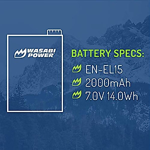 Wasabi Power Battery (2-Pack) for Nikon EN-EL15, EN-EL15a, EN-EL15b, EN-EL15c & D500, D600, D610, D750, D780, D800, D800E, D810, D810A, D850, D7000, D7100, D7200, D7500, Z5, Z6, Z6II, Z7, Z7II, 1 V1