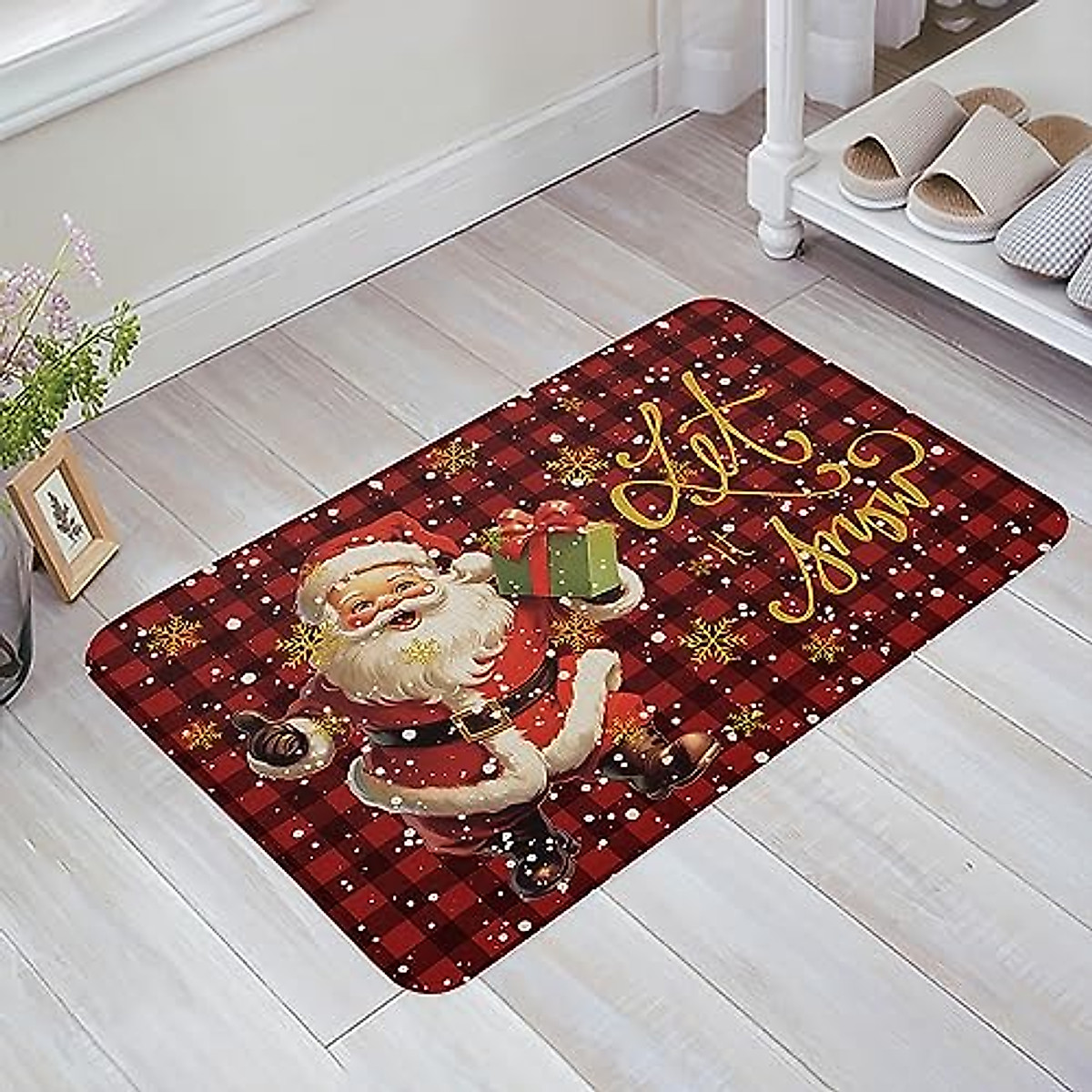 Christmas Santa Claus 1 Piece Water Absorbent Door Mat Anti-Skid Memory Foam Cushioned Rug Comfort Standing Floor Mat for Office Home Bathroom Kitchen 16x24 Inch Snowflakes Red Buffalo Plaid