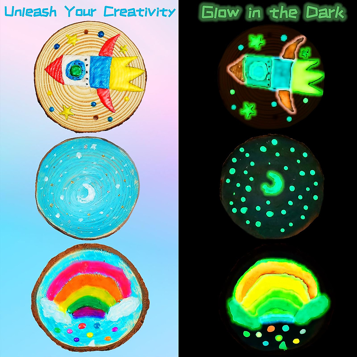Wooden Crafts Kit for Kids - Glow in the Dark - Arts & Crafts Gifts for Boys Girls Age 6-12, 24 Wood Slices with Painting Craft Activities Kits, Creative Art Toys for 6 7 8 9 10 11 12 Year Old