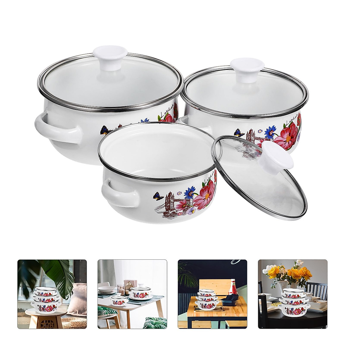 Totority Enamel Stockpot 3 Pcs Kitchen Enamel Stockpot with Lid, Retro Flower Stew Bean Cooking Pot, Vintage Thicken Soup Pot with Handles, Nonstick, Safe for Induction Cookers, Gas Stove