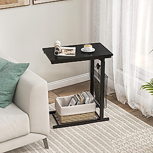Tangkula Rolling Height Adjustable C Table, Mobile End Table with Detachable Wheels, Side Basket and Bottom Mesh Storage, Space-saving Slide Under Sofa Table for Living Room Bedroom