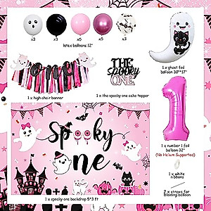 Halloween 1st Birthday Party Decorations for Girl Spooky One Backdrop Pink Black Hot Pink Balloons High Chair Banner Cake Topper for First Birthday Party Supplies