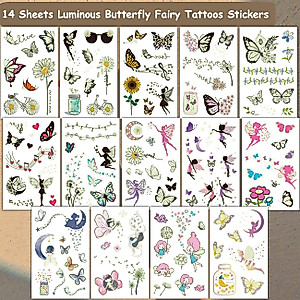 CHARLENT Luminous Butterfly Tattoos for Kids - 14 Sheets Glow in The Dark Butterfly Fairy Temporary Tattoos for Girls Birthday Party Favors Goodie Bag Fillers
