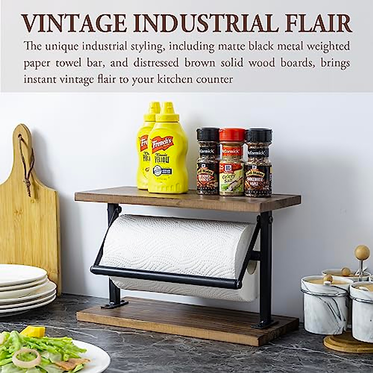 MyGift Kitchen Countertop Paper Towel Holder and Condiment Display Shelf Rack, Rustic Burnt Wood and Metal Towel Dispenser with Top Shelf for Bathroom or Kitchen