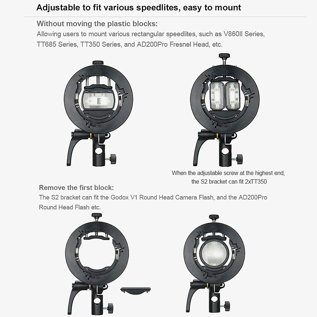 Godox S2 Speedlite S-Type Bracket Bowens Mount, for Godox V1 AD200Pro AD400Pro AD200 V860II TT685 TT600 TT350, Precise Tilt Control, Large Handle, Integrated Umbrella Mount