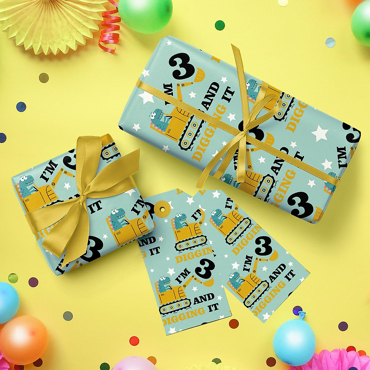 WRAPAHOLIC 3rd Birthday Wrapping Paper Sheet - 6 Sheets Adorable Dinosaurs Driving Digger Design Folded Flat for Birthday, Party, Baby Showers - 19.7 Inch X 27.5 Inch Per Sheet