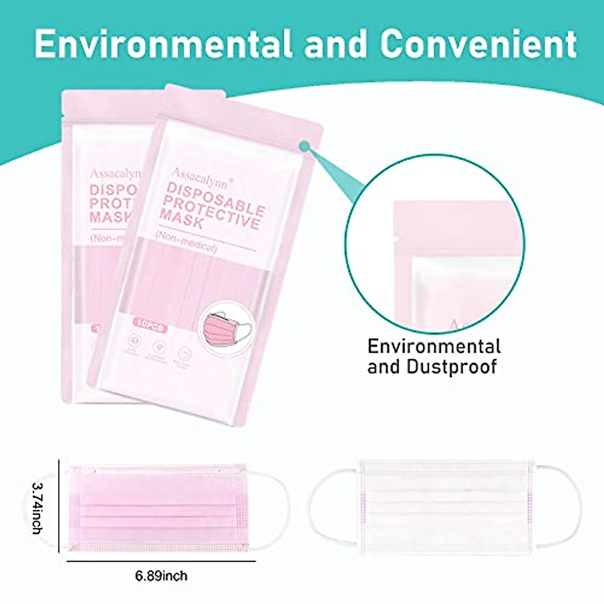 Assacalynn Pink Face Masks Disposable 50pcs, Kawai Cute Pink Masks For Women, 3 Ply Face Mask, Breathable Masks