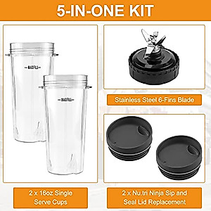 16 oz Blender Cups2 & 6 Fins Blade Assembly-Food Grade Material-Compatible w/Ninja BL770 BL771 BL772 BL740 BL780 BL660 BL663 Professional Smoothie Blender