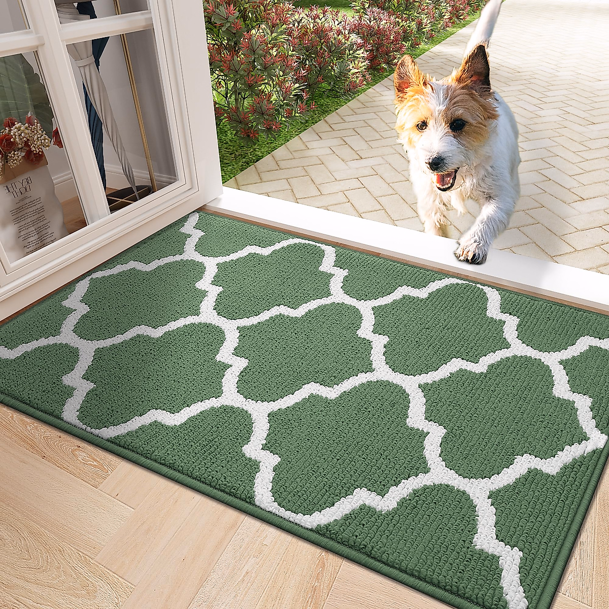 OLANLY Indoor Door Mat, 32x20, Non-Slip Absorbent Resist Dirt Entrance Mat, Washable Low-Profile Inside Floor Mat Doormats for Entryway, Green