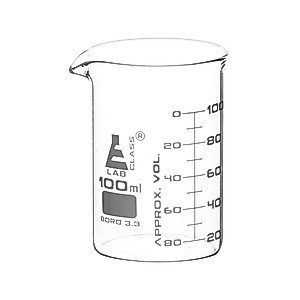 EISCO (Pack of 12) Beakers, 100ml - ASTM - Low Form with Spout - Dual Scale, White Graduations - Borosilicate 3.3 Glass