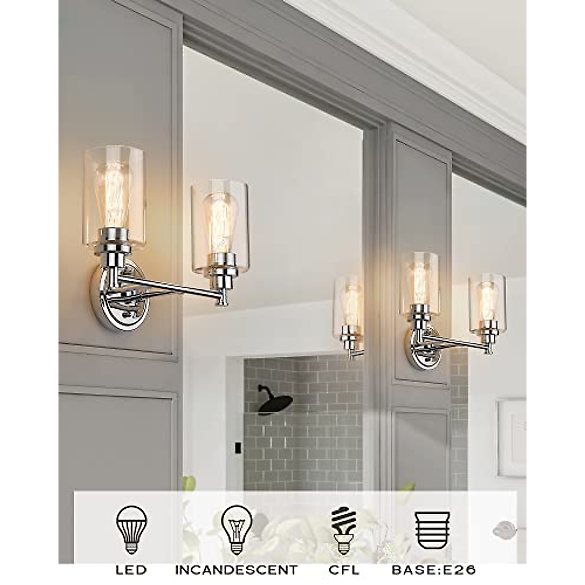 FEMILA Modern Bathroom Light Fixtures, 2-Light Bathroom Vanity Lights Over Mirror with Clear Glass Shade, Chrome Finish, 4FYC56B-2W CH