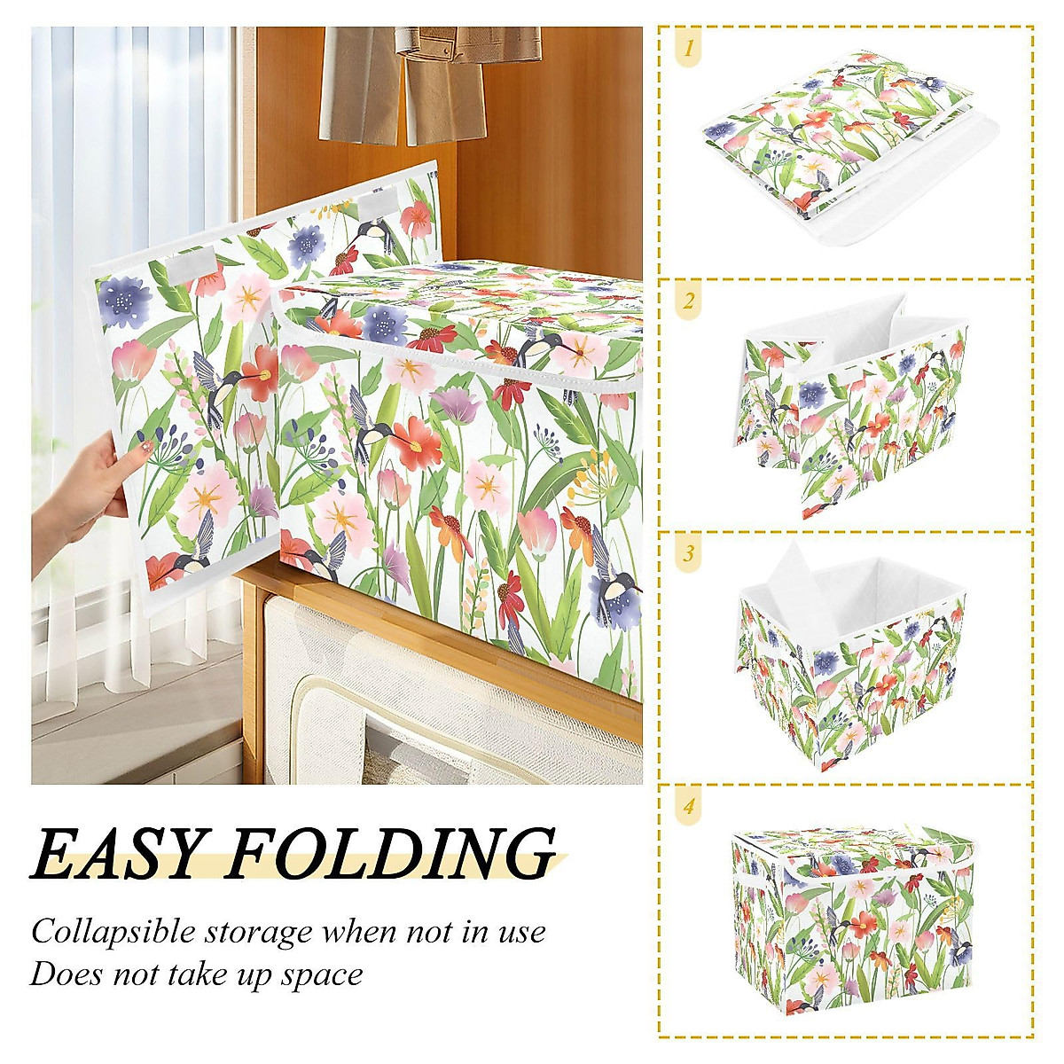 VIGTRO Large Collapsible Storage Bins with Lids Spring Cute Hummingbird, Red Wild Flowers Storage Baskets Organizer Containers with Handles for Home Bedroom Office