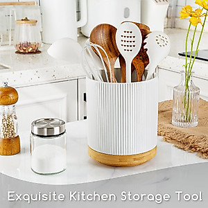 Quuavio Utensil Holder, 360° Rotating Large Kitchen Utensils Holder for Countertop, 7.2" White Ceramics Cooking Utensil Crock for Farmhouse Kitchen Decor, Spatula Organizer Gift