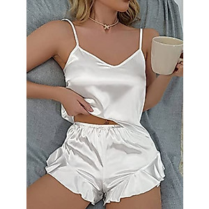 Womens Silk Satin Pajamas Loungewear Two-piece Sleepwear Cami Shorts Pj Set White XXL
