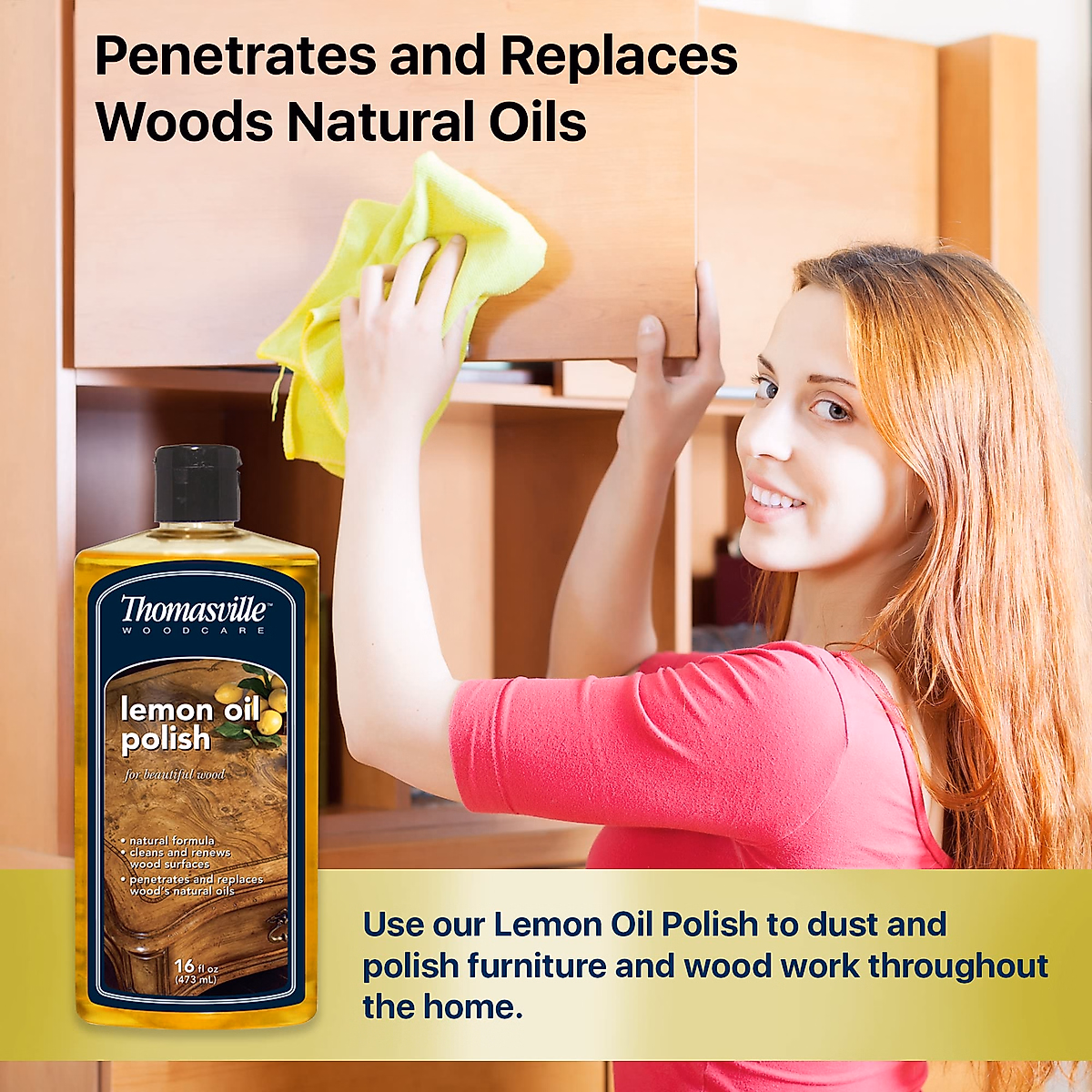 THOMASVILLE LEMON OIL POLISH - Natural Lemon Scented Wood Cleaner & Furniture Polish, Cleans, Renews, Restores & Rejuvenates Wood Surfaces, Protects Wood from Drying or Cracking, Leaves a Shiny Finish, 16oz