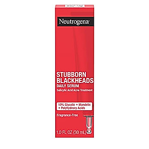 Neutrogena Stubborn Blackheads Daily Acne Facial Serum with Salicylic, Glycolic, Polyhydroxy & Mandelic Acids, Oil-Free Face Serum for Acne-Prone Skin to Help Clear Clogged Pores, 1 fl. oz