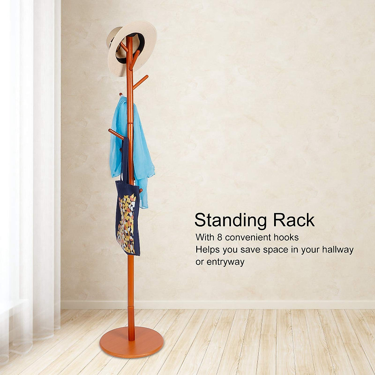 Coat Rack Freestanding,Coat Rack,Hall Tree,Coat Tree,Wooden,Coat Rack Stand with 8 Hooks Adjustable Coat Standing Tree for Coats, Hats, Scarves