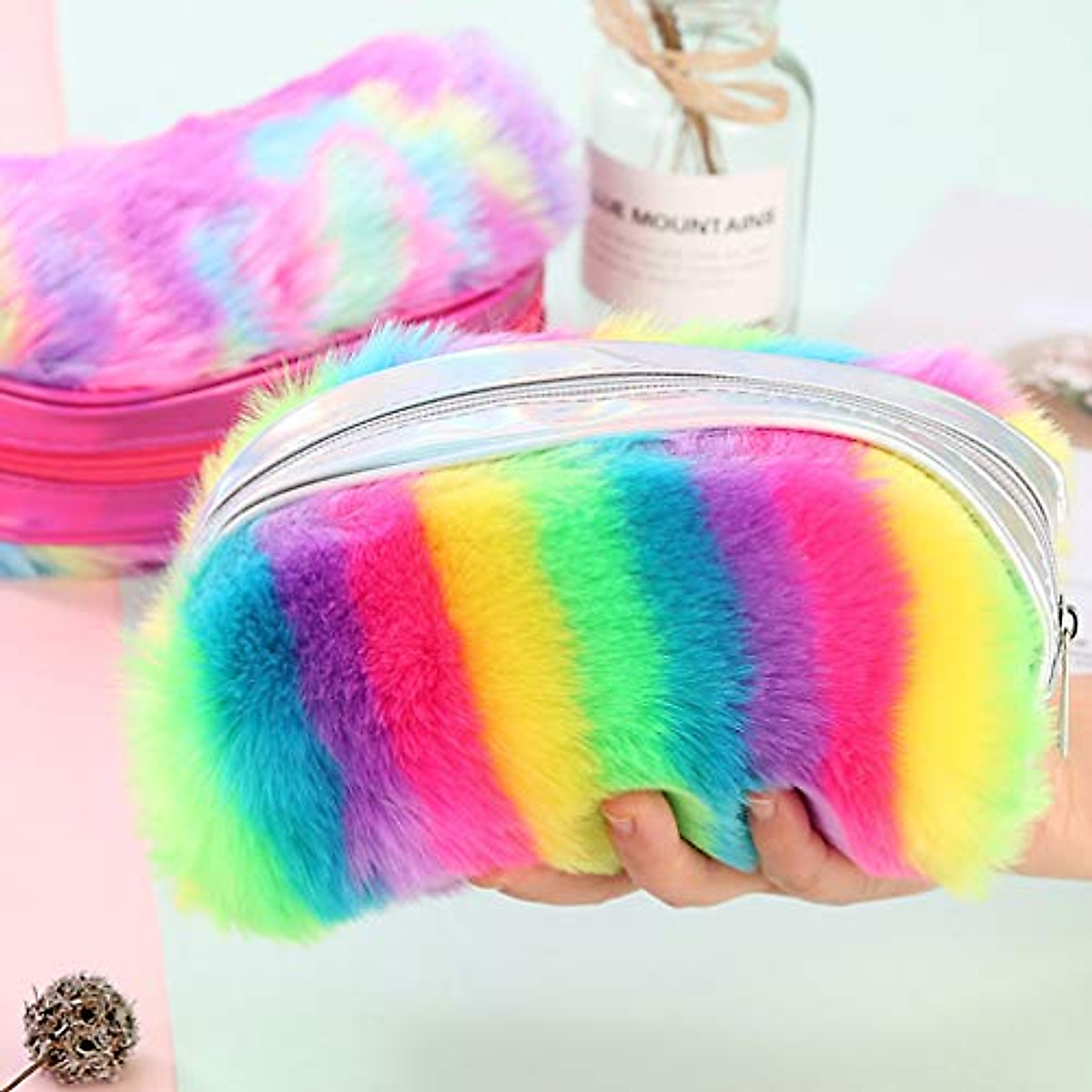 Plush Pencil Case Pen Bag: Zipper Rainbow Pencil Pouch Make Up Cosmetic Bag Stationary Organizers for Girls Boys Home School