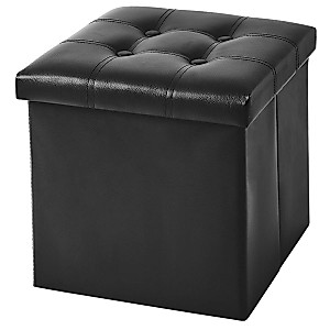 YOUDENOVA 15 inches Folding Storage Ottoman, Cube Storage Boxes Footrest Stool, Small Ottomans with Foam Padded Seat, Support 300lbs (Black, Leather)