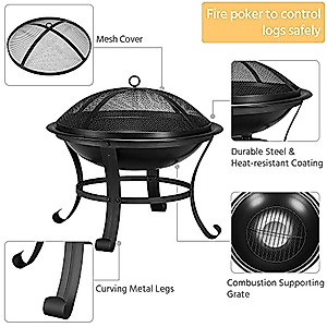 Yaheetech 22in Outdoor Metal Fire Pit with Poker and Spark Screen Cover, Multifunctional Portable Firepit Fireplace Stove Wood Burning for Camping Picnic Bonfire Patio Backyard Garden Beaches Park