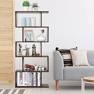 Epetlover 5 Tier Bookshelf S-Shaped Geometric Bookcase Wooden Floor Standing Open Shelf Bookshelves Display Storage Shelf & DVD Shelves for Living Room Bedroom Office, Rustic Brown