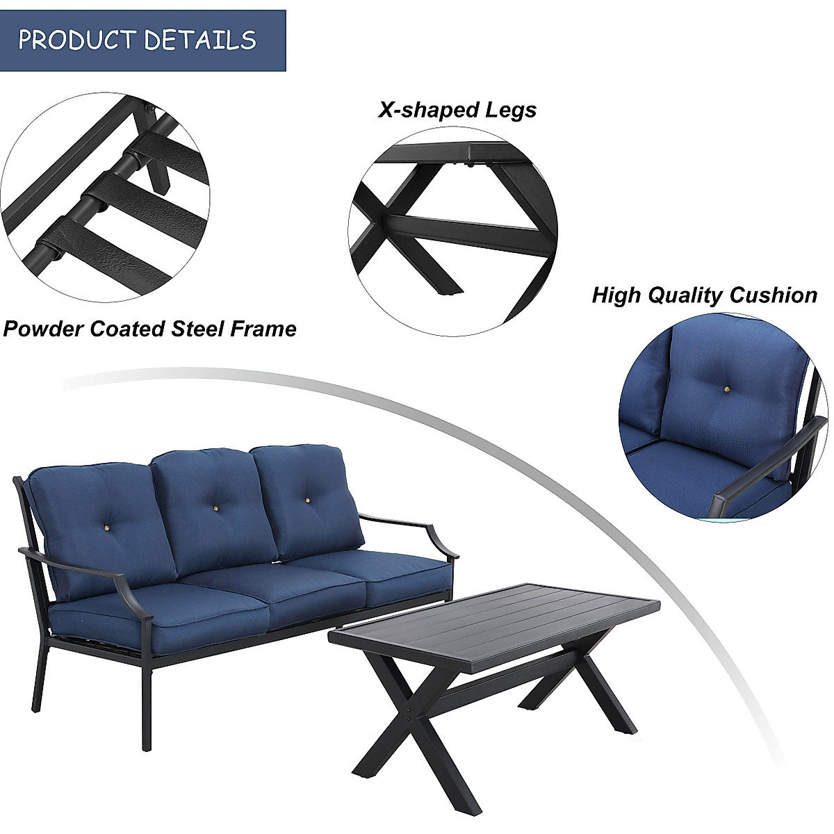 LOKATSE HOME Outdoor Patio Cushioned Loveseat 3 Seats Sofa Bench with Metal Coffee Table, Blue