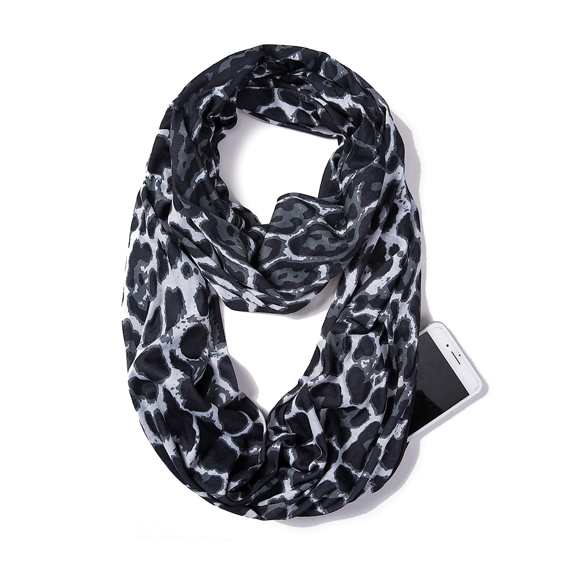 elzama Infinity Loop Jersey Scarf with Hidden Zipper Pocket, Leopard Printed Patterns for Women, Travel Wrap for Fall Winter, Black