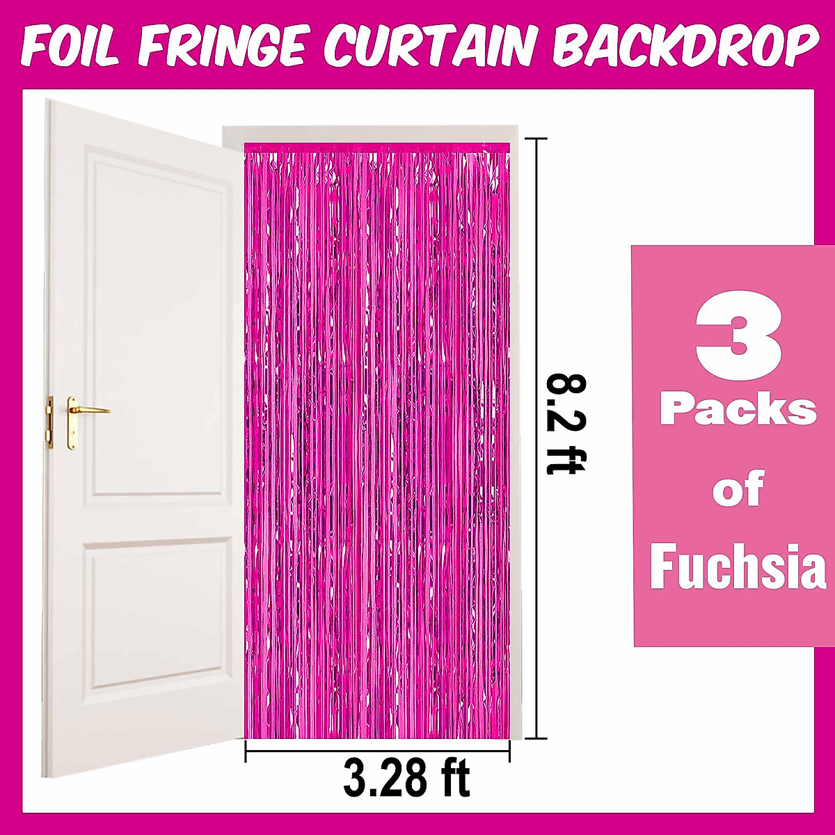 3 Pack Fuchsia Foil Fringe Curtains Backdrop, 3.28 x 8.2 Ft Metallic Streamers Tinsel Curtains Background for Photo Booth, Birthday, Halloween, Christmas, Thanksgiving, New Year Party Decorations