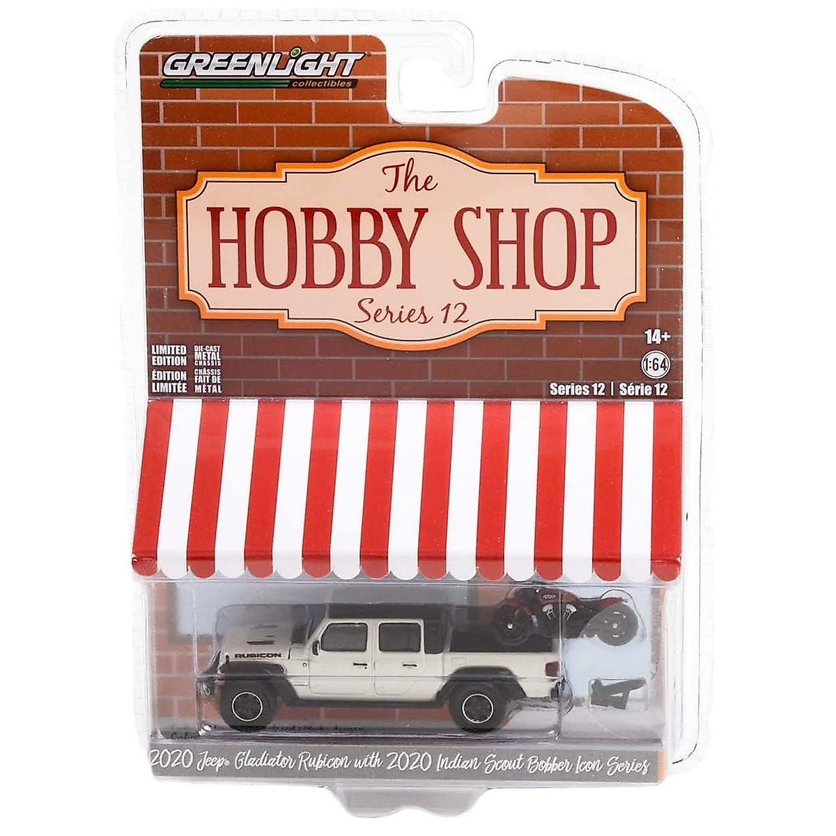 Collectibles Greenlight 97120-F The Hobby Shop Series 12 - 2020 Gladiator Rubicon with 2020 Icon Scout Motorcycle 1:64 Scale Diecast