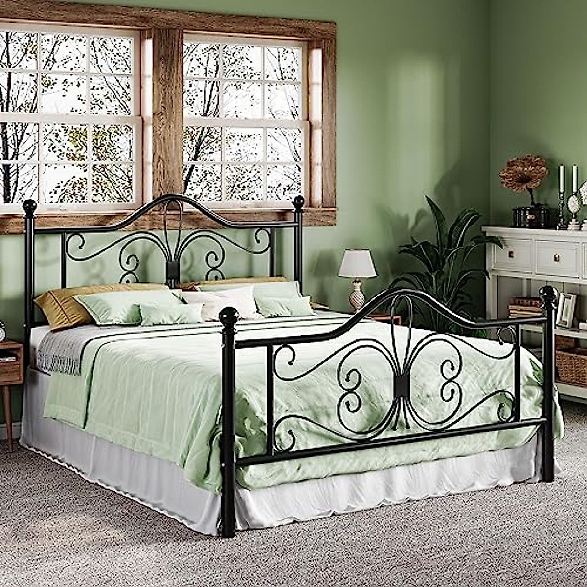 Allewie Queen Size Bed Frame with Headboard,Metal Bed Frame with Butterfly Pattern Design Headboard & Footboard,No Box Spring Needed,Easy Assembly,Black