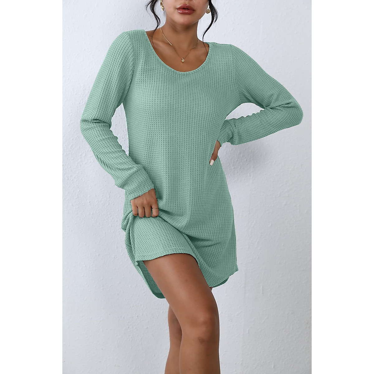 Ekouaer Womens Nightgown Waffle Knit Long Sleeve Nightgown Sleep shirts Night Dress for Women Green L