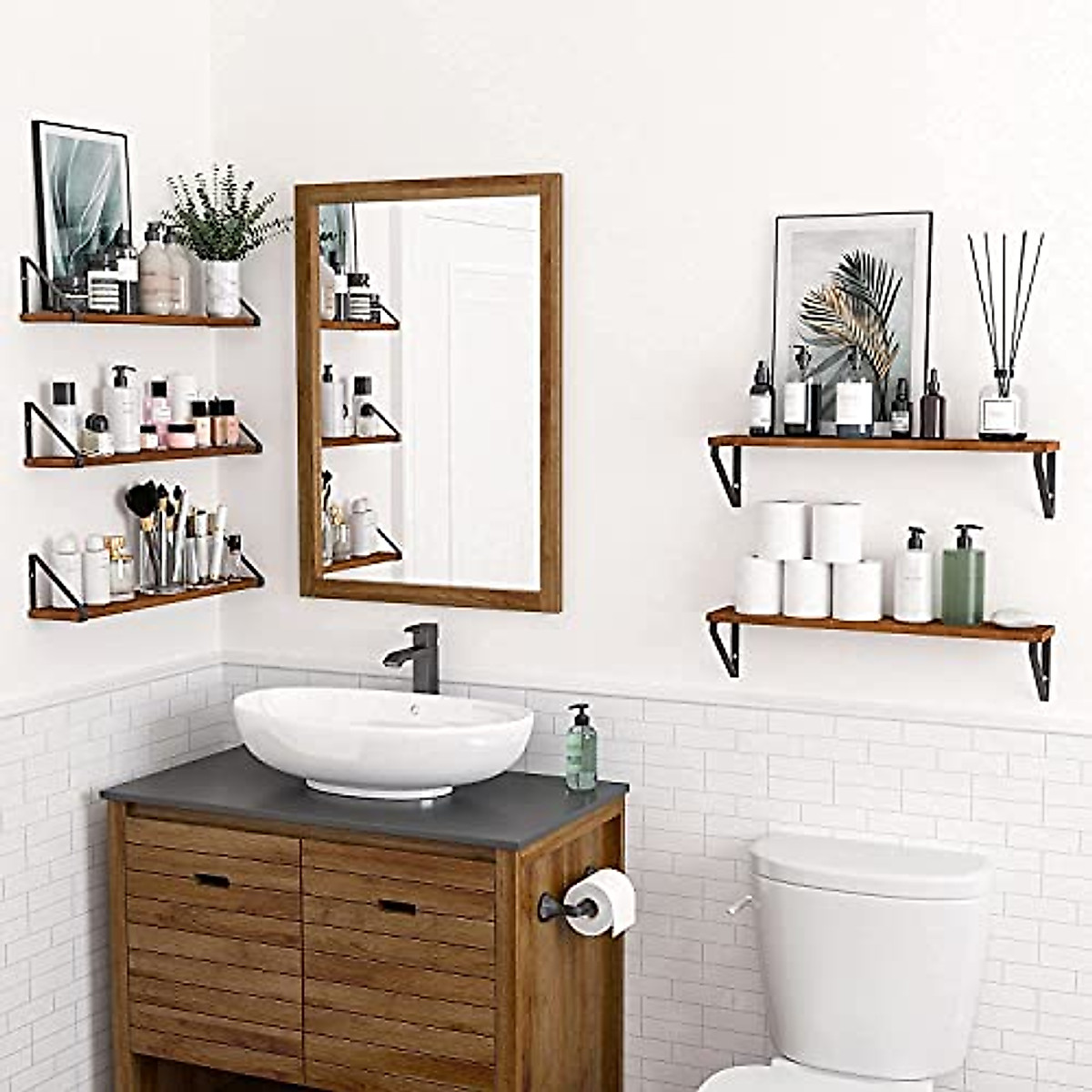 Wallniture Ponza Floating Shelves for Wall, 24" Floating Bookshelf, Wood Wall Shelves for Bedroom Decor, Walnut Set of 5