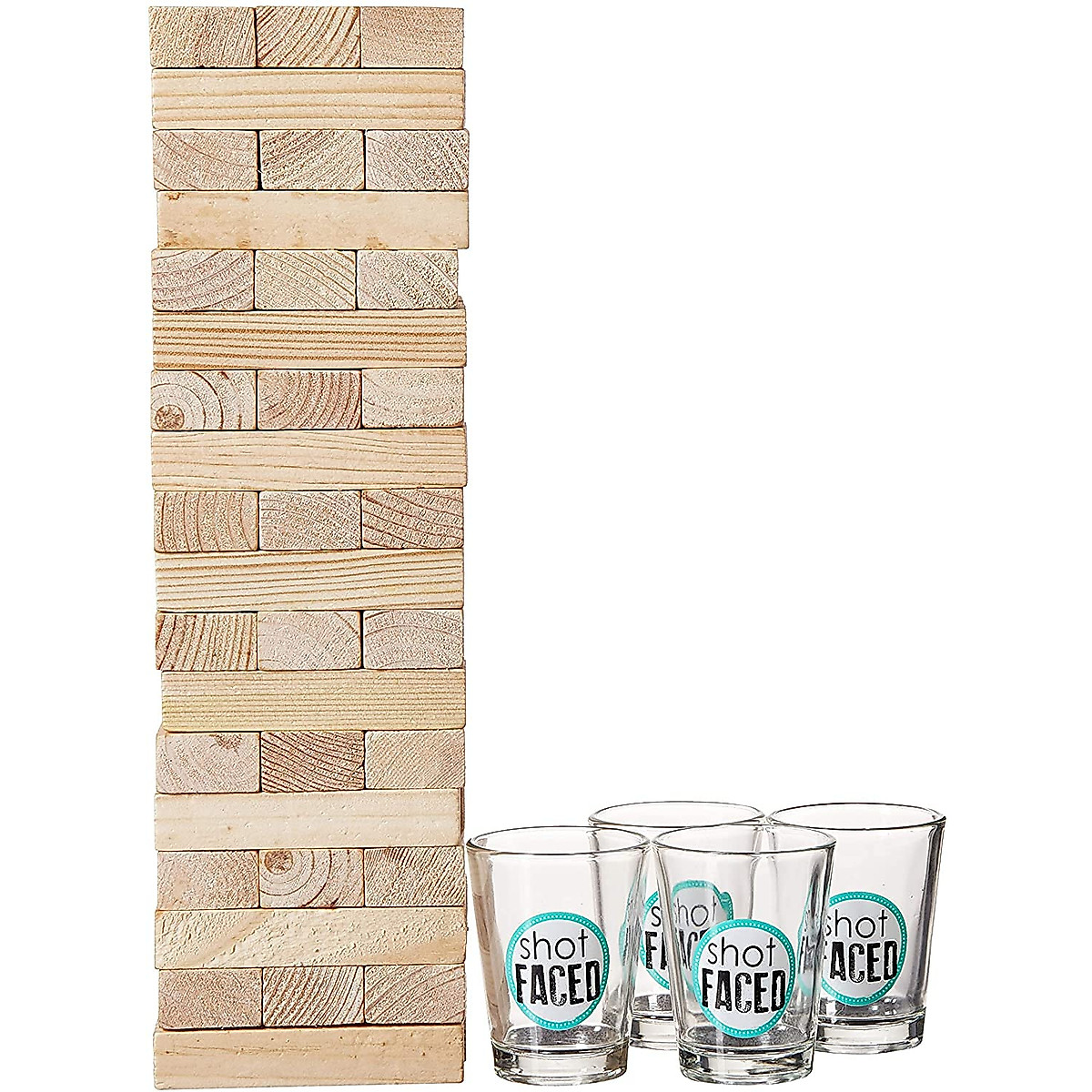 Game Night Tipsy Tower Glass Drinking Game Set w/Wooden Blocks & 4 Lead-Free Shots-Ideal Gift for Birthdays, Father's Day & More, 1 Count (Pack of 1), Brown