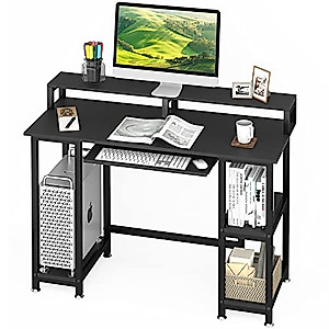 JSungo Small Computer Desk with Monitor Stand, 47 Inch Home Office Desk with 2 Tier Storage Shelf for Small Space, Sturdy Writing Gaming Table with Keyboard Tray and CPU Shelf, Black